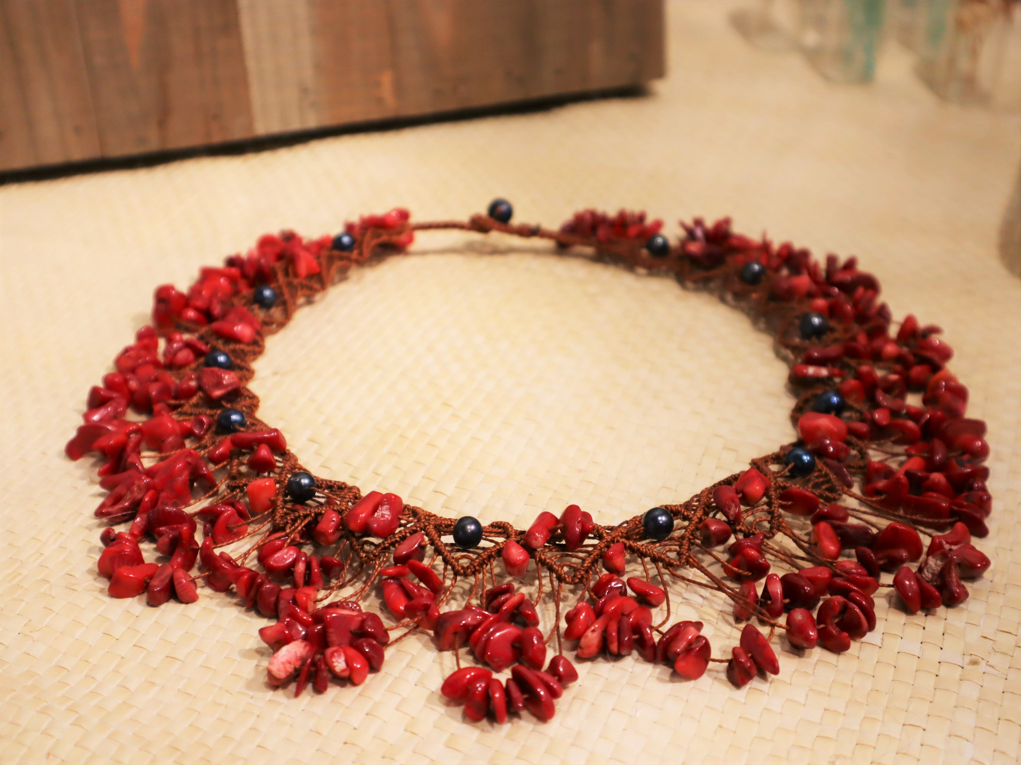 Red Shells & Black Tongan Pearls Woven Necklace – Koloa Moana Handmade ...